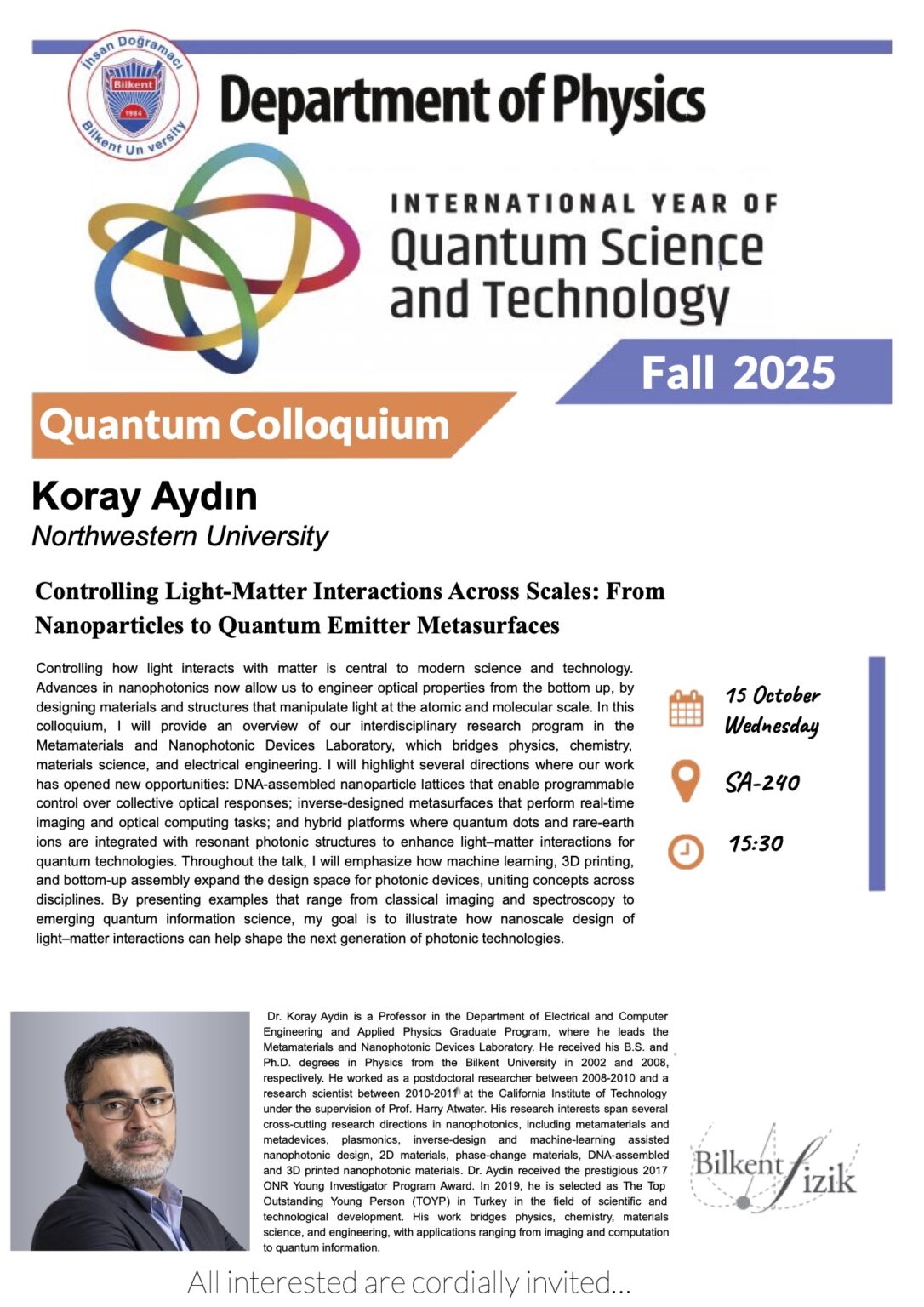 Prof. Koray Aydin on October 15, 2025 at 15:30 in SA-240 – Department ...